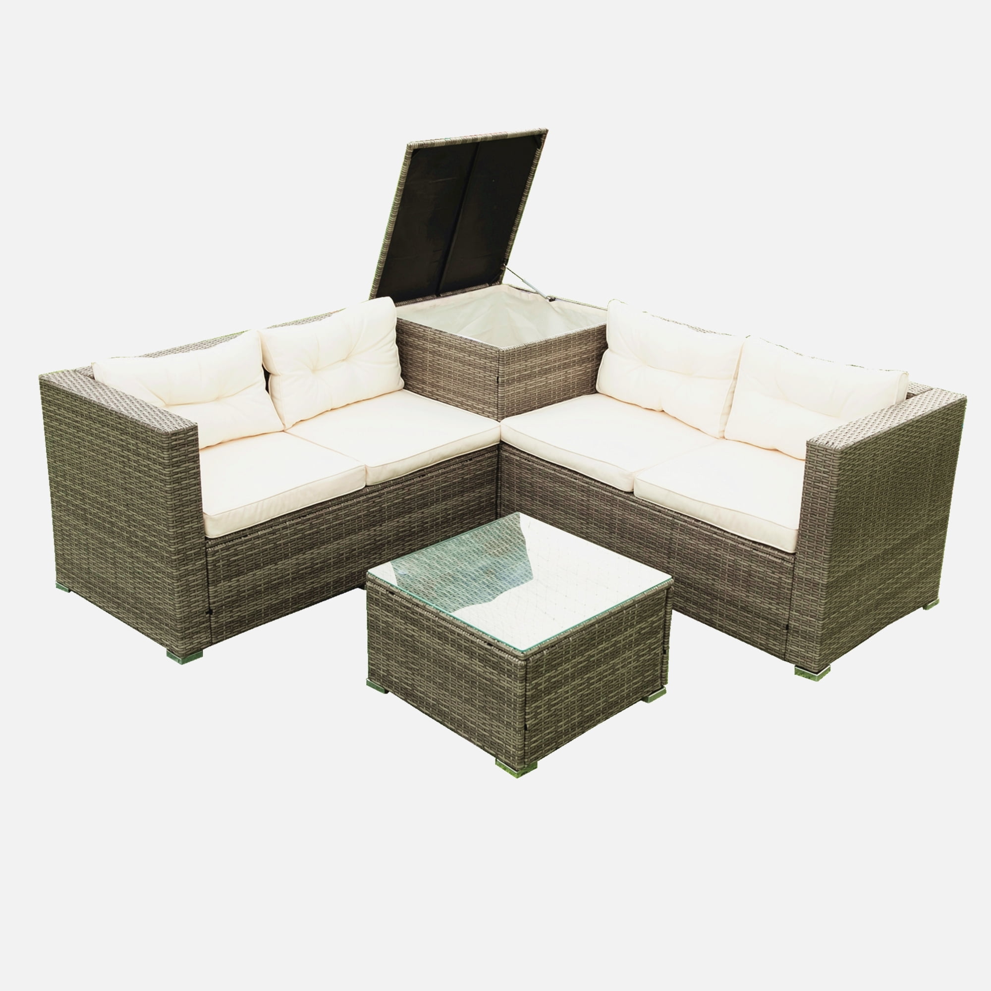 Outdoor Rattan Sectional Sofa Set, 4 PCS Cushioned Wicker Patio ...