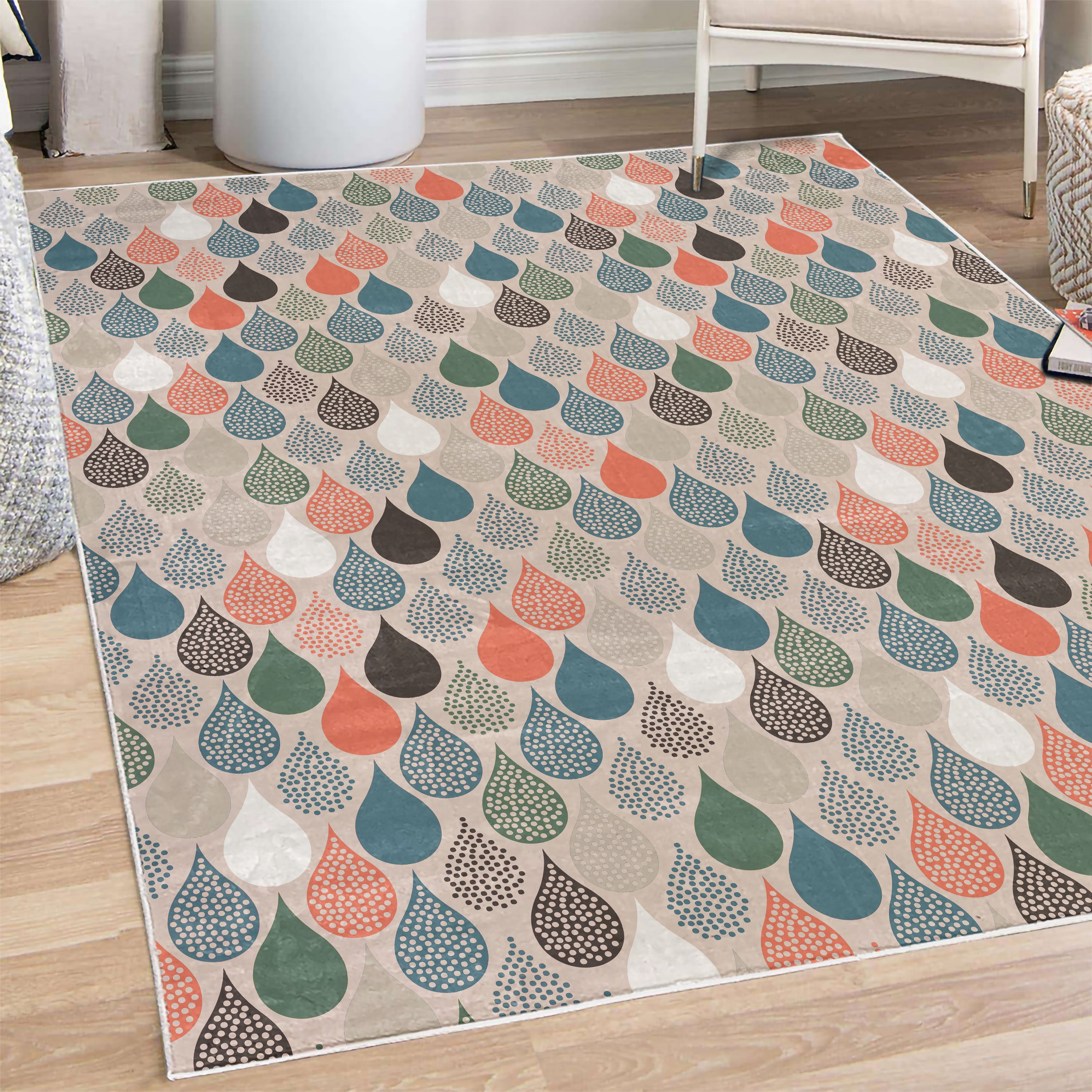 Geometric Decorative Rug, Raindrops Doodle Style Creative Leaf Shaped ...