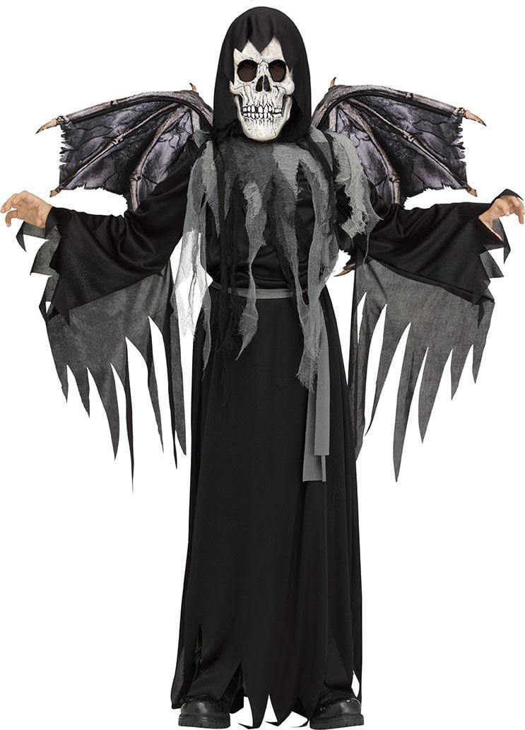 Winged Reaper Halloween Costume Black Hooded Robe Mask & Wings Child ...