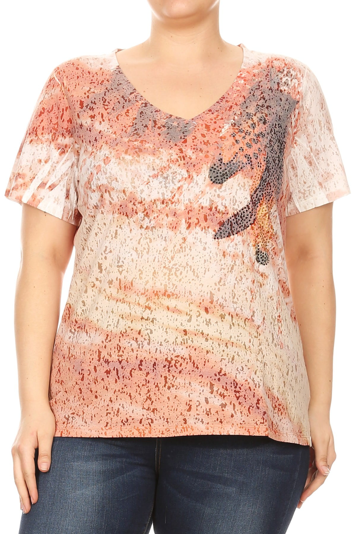 Women Plus Size Rhinestone Deco V-Neck Short Sleeve Blouse Tunic Top ...