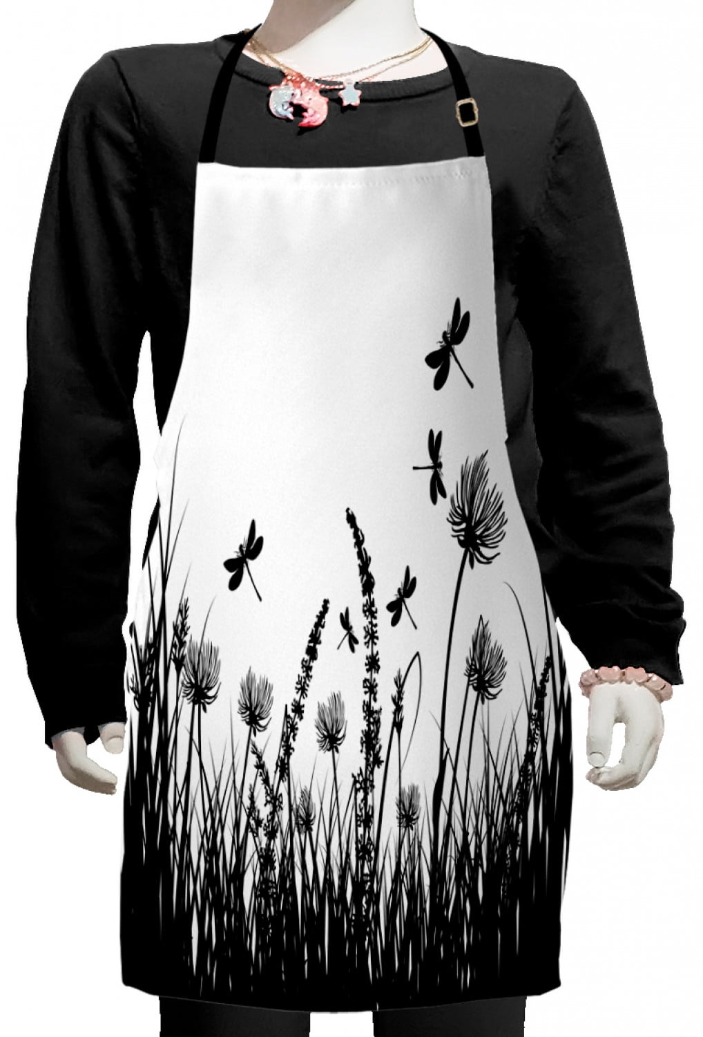 Nature Kids Apron, Grass Bush Meadow Silhouette with Dragonflies Flying ...