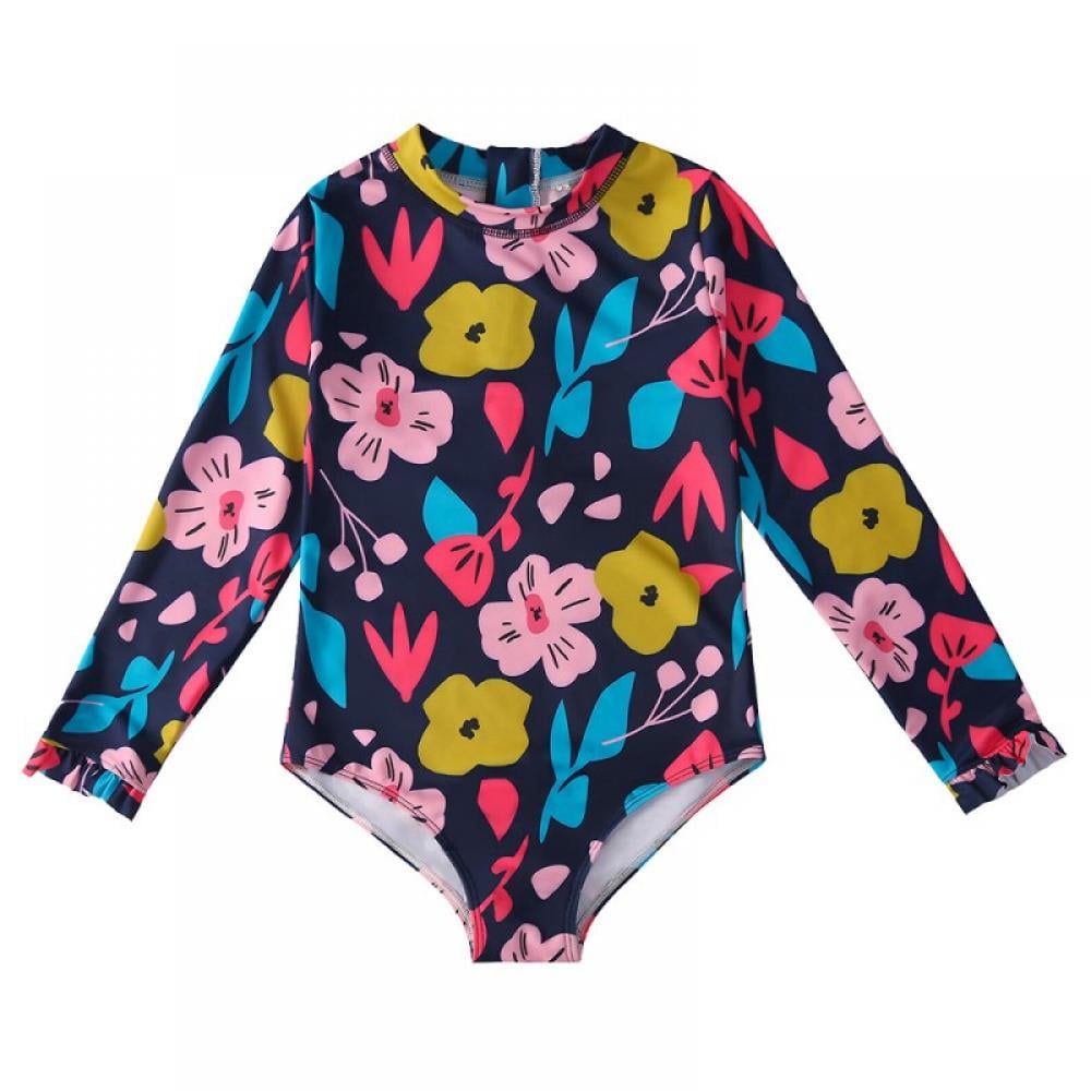BULLPIANO Kids Girls Long Sleeve Swimsuit Rash Guard Sunsuit Swimswear ...