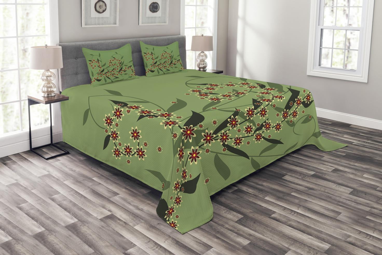 Floral Bedspread Set Queen Size, Retro Blooming Graphic Spring Flowers ...