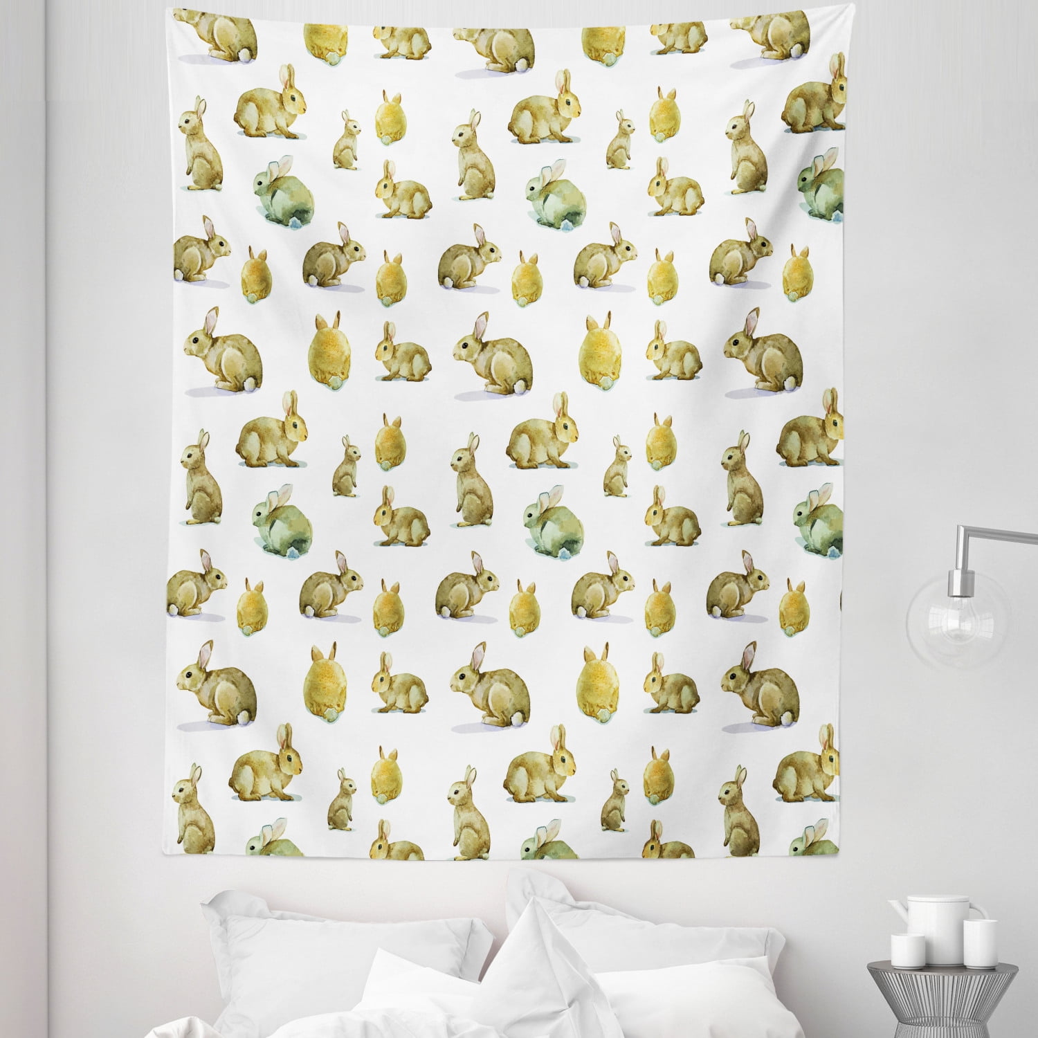 Watercolor Tapestry, Furry Rabbit Bunny Pattern Easter Animals Domestic ...