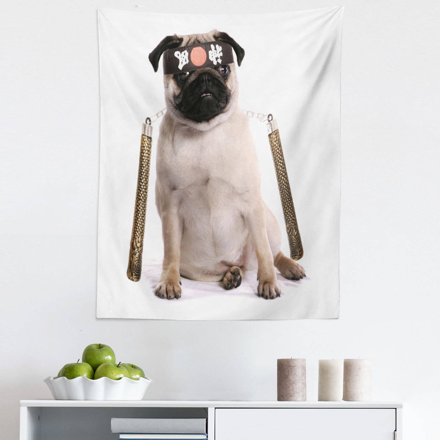 Pug Tapestry, Ninja Puppy with Nunchuk Karate Dog Animal Eastern ...