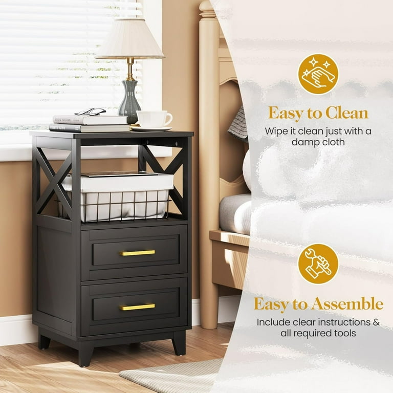 CozyHome Tall Nightstand Set of 2 Side Table with 2 Drawers and Open Shelf Below Bedside Table with Solid Feet Modern Night Stand End Table for