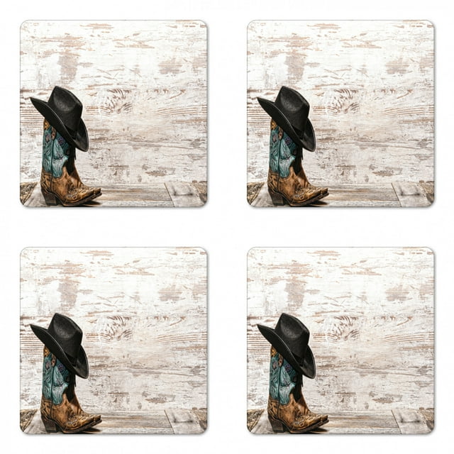 Western Coaster Set of 4, Traditional Rodeo Cowboy Hat and Cowgirl ...