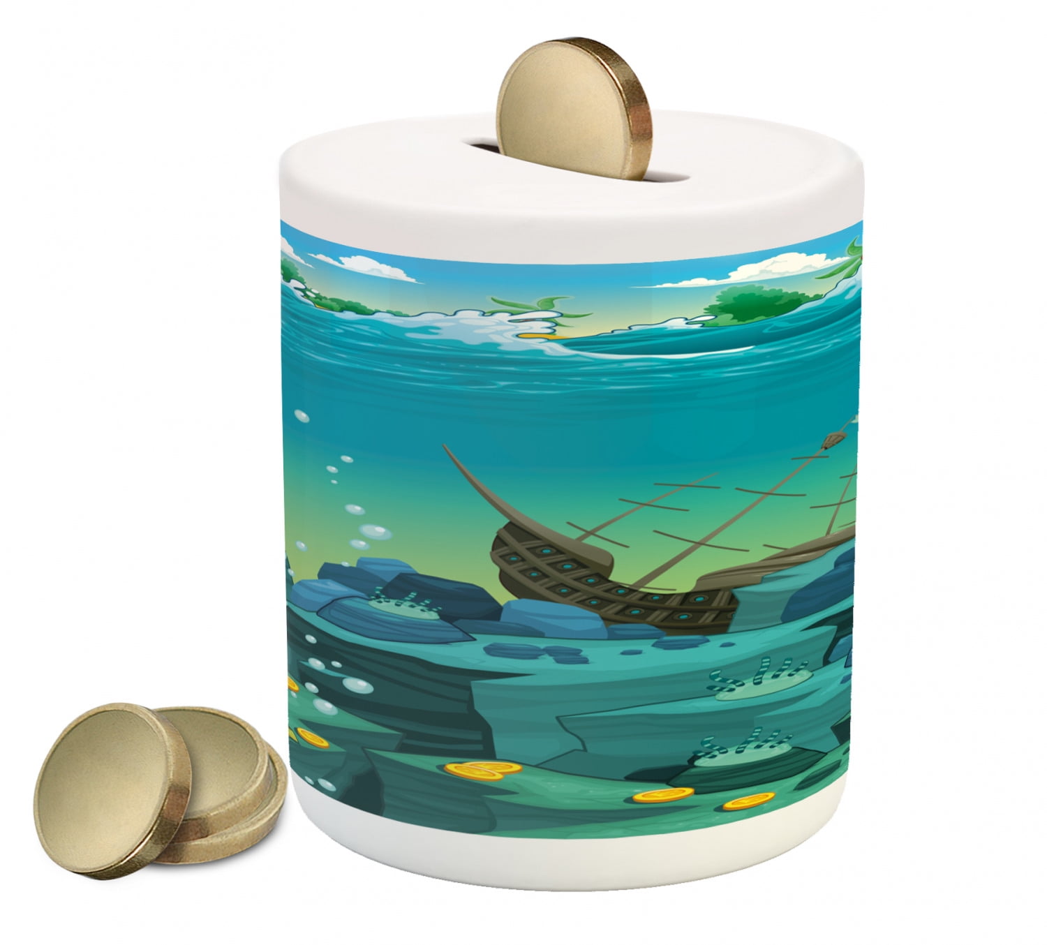 Cartoon Piggy Bank, Seascape Underwater Treasure Galleon and Sunk Ship ...