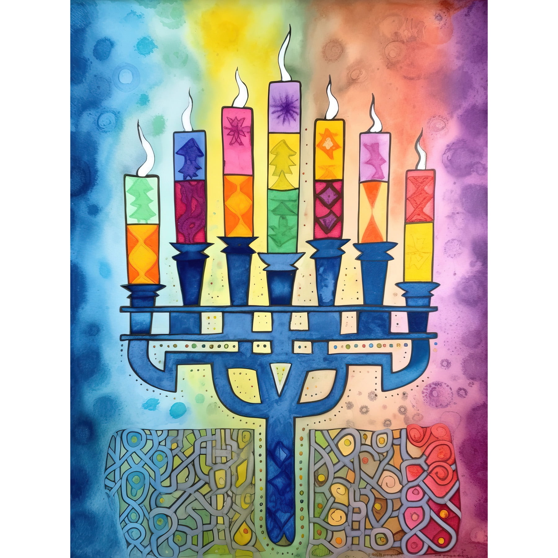 Jewish Menorah Candles Multicolour Folk Art Watercolour Painting ...