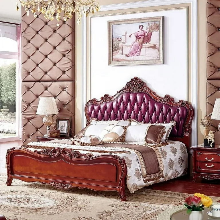 Custom luxury antique French style bedroom furniture European Solid wood carved double leather wedding bed king size royal bed Walmart