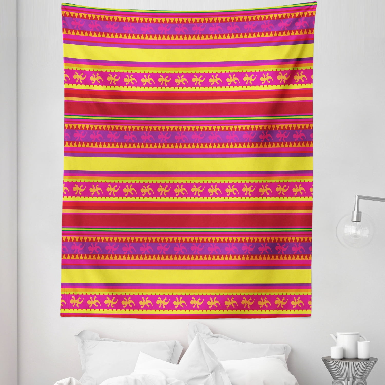 Mexican Tapestry, Vibrant Colored Striped Pattern with Abstract Lizard ...