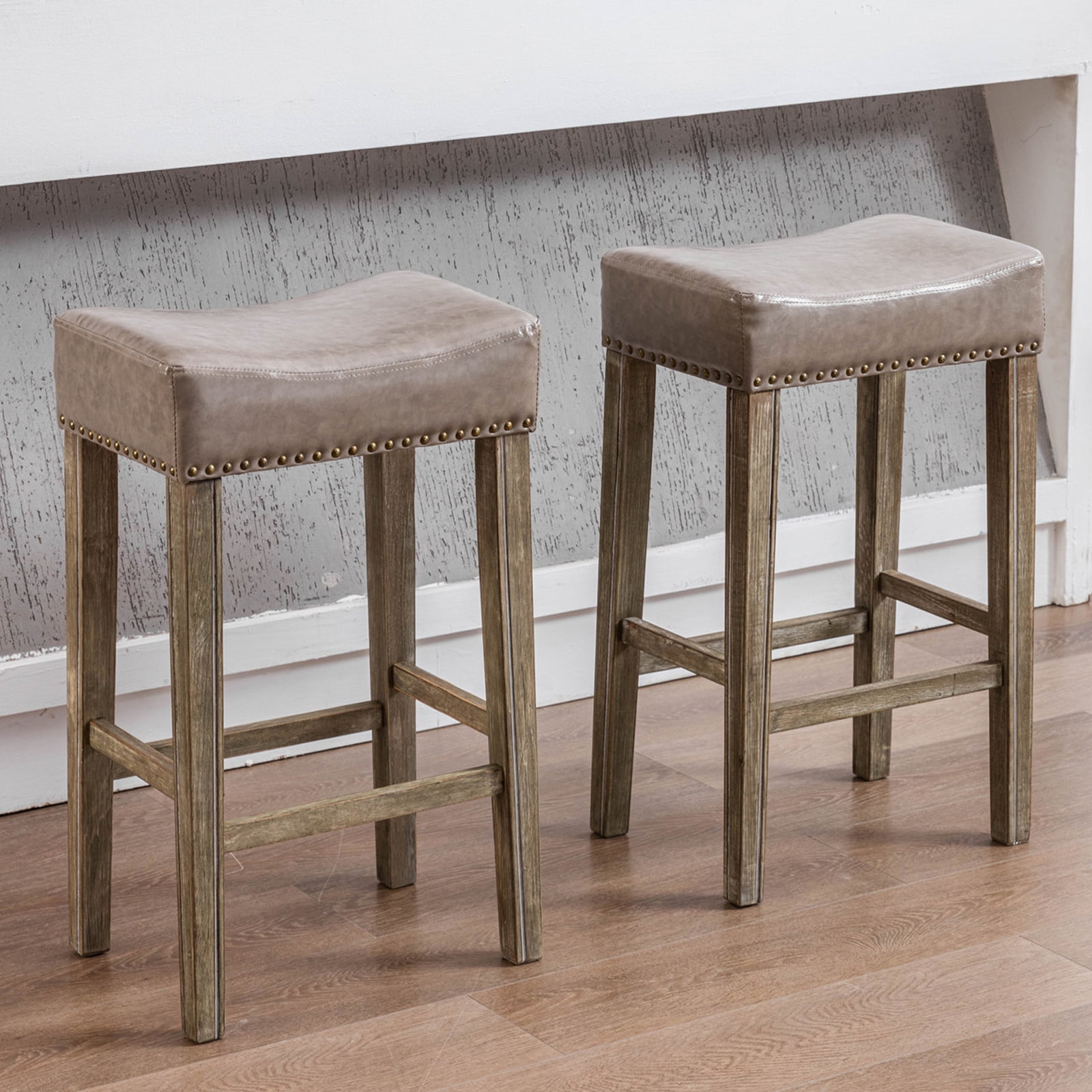 UWR-Nite Modern PU Leather Bar Stools Set of 2 with Solid Wood Legs ...