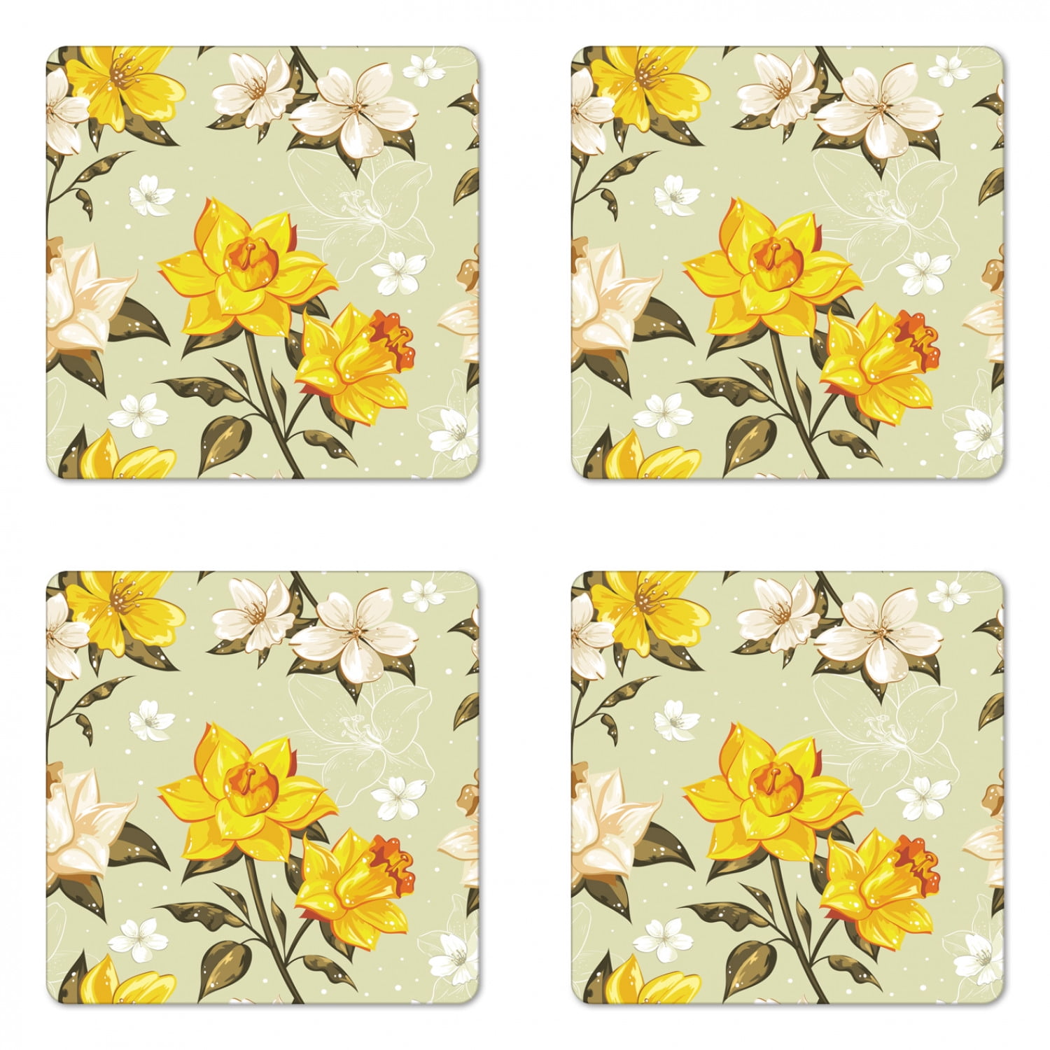 Flower Coaster Set of 4, Classy Spring Floral Narcissus Branch Pattern ...