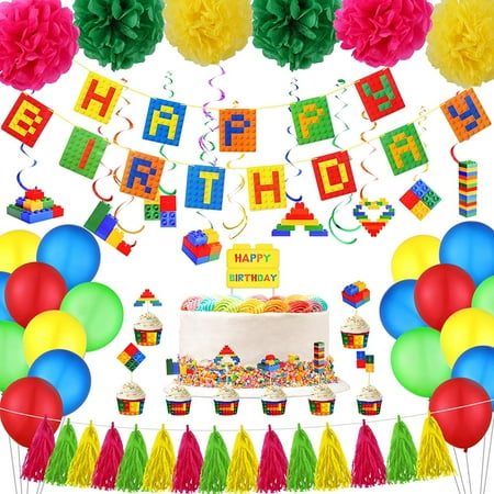 52 Pieces Building Block Happy Birthday Party Decorations Include ...