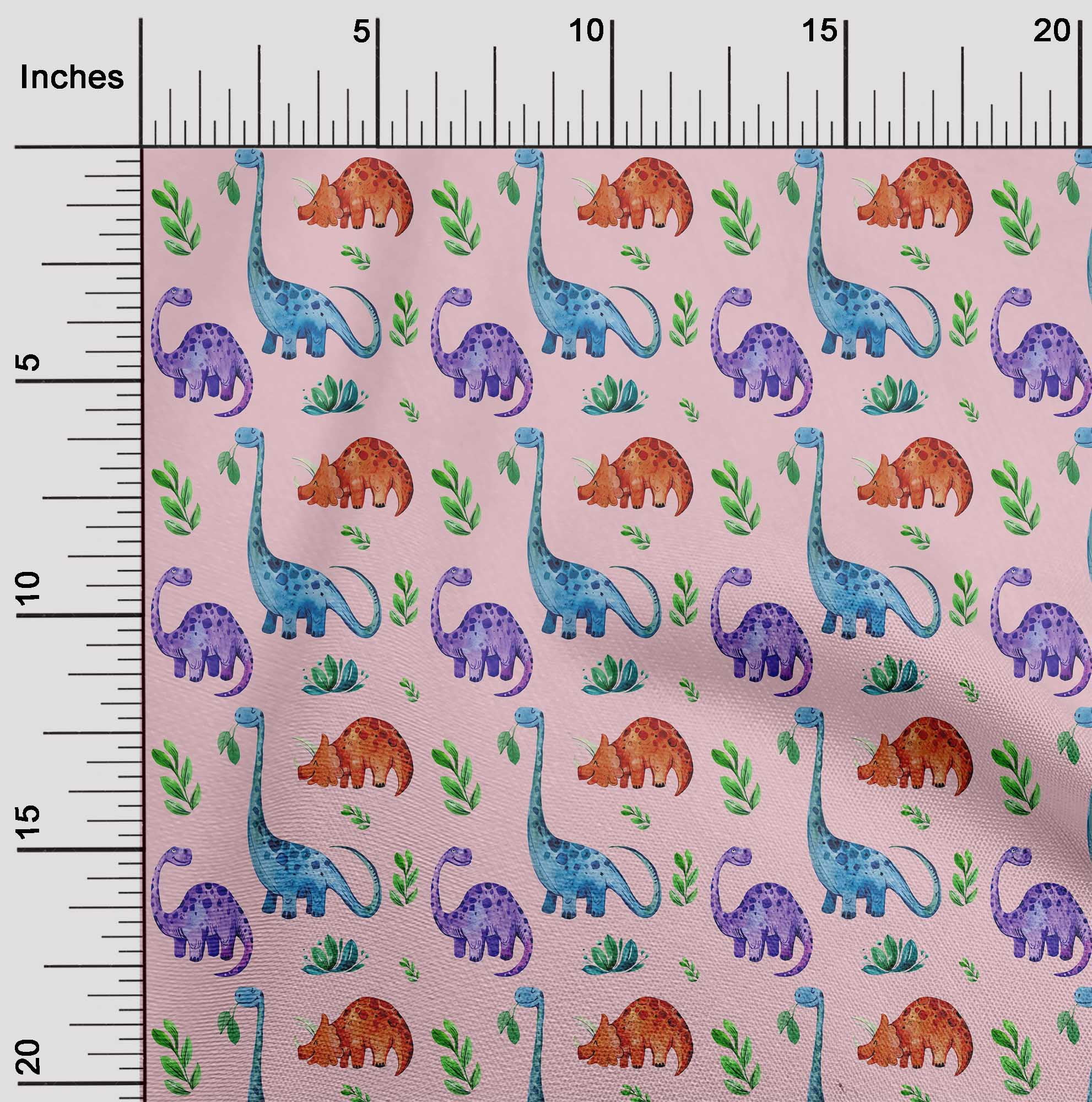 oneOone Silk Tabby Pale Pink Fabric Dinosaurs & Leaves Sewing Material ...