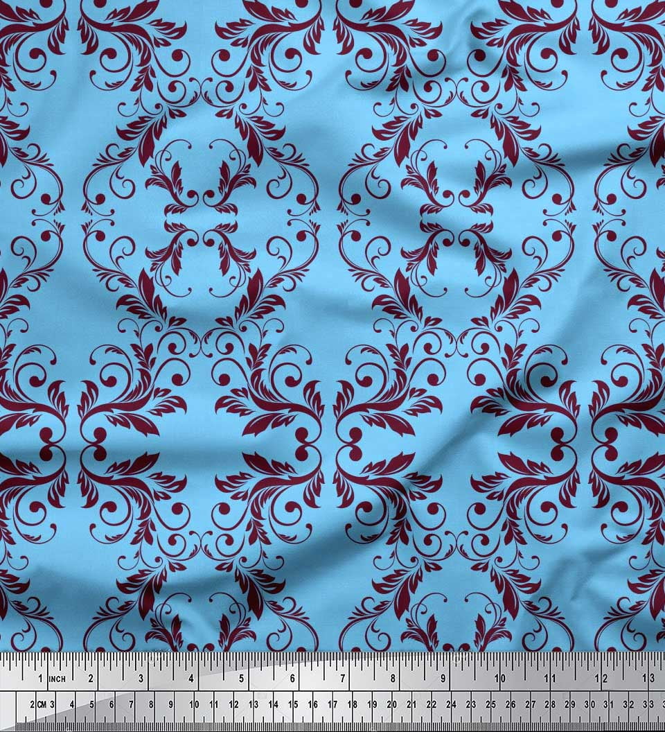 Soimoi Blue Crepe Silk Fabric Quaterfoil Damask Print Fabric by the ...