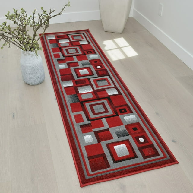HR Rugs Red Gray and Black Abstract Geometric Modern Squares Pattern ...