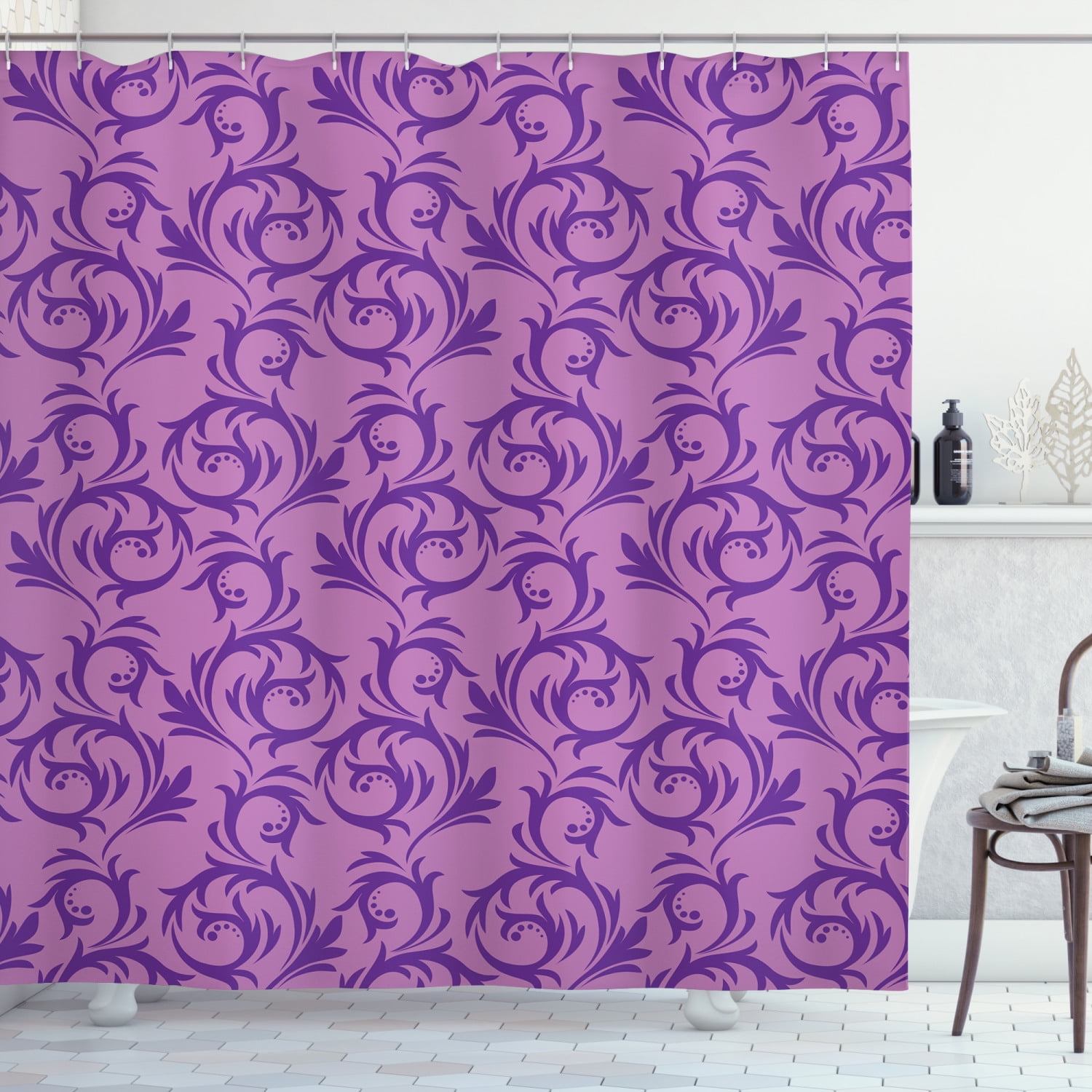 Vintage Shower Curtain, Rococo Style Scroll Pattern with Rich Curls of ...