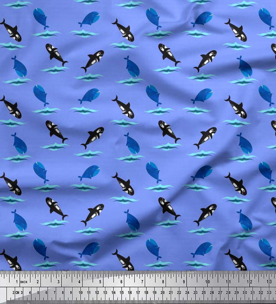 Soimoi Crepe Silk Fabric Waves,Whale & Dolphin Ocean Fabric Prints by ...