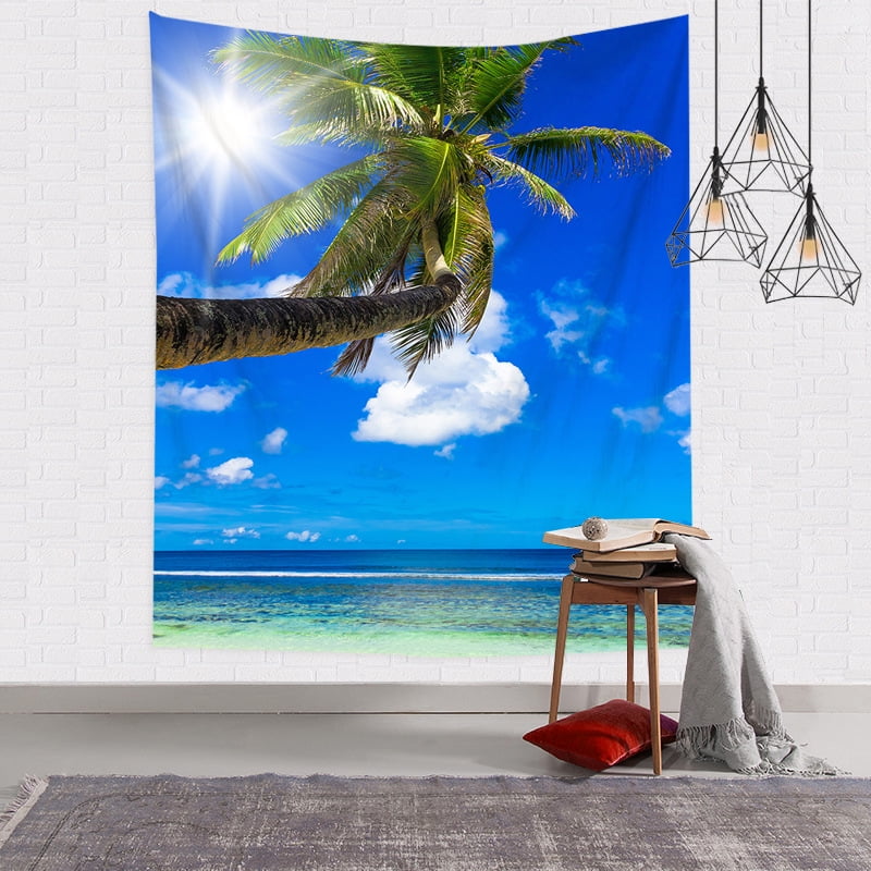 Tropical Island Backdrop Window View Coconut Trees Sea Waves Beach ...