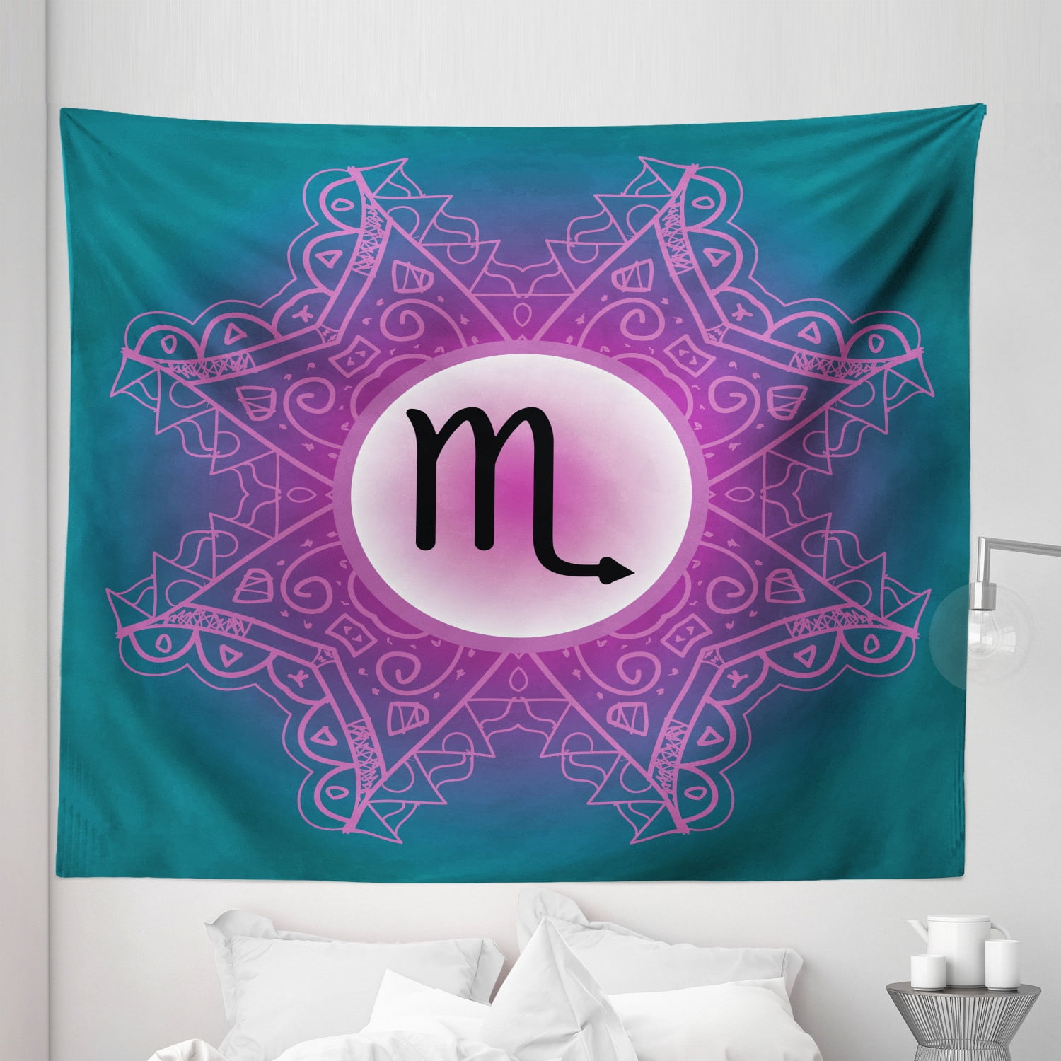 Zodiac Scorpio Tapestry, Ornate Floral Mandala Design in Fuchsia Color ...