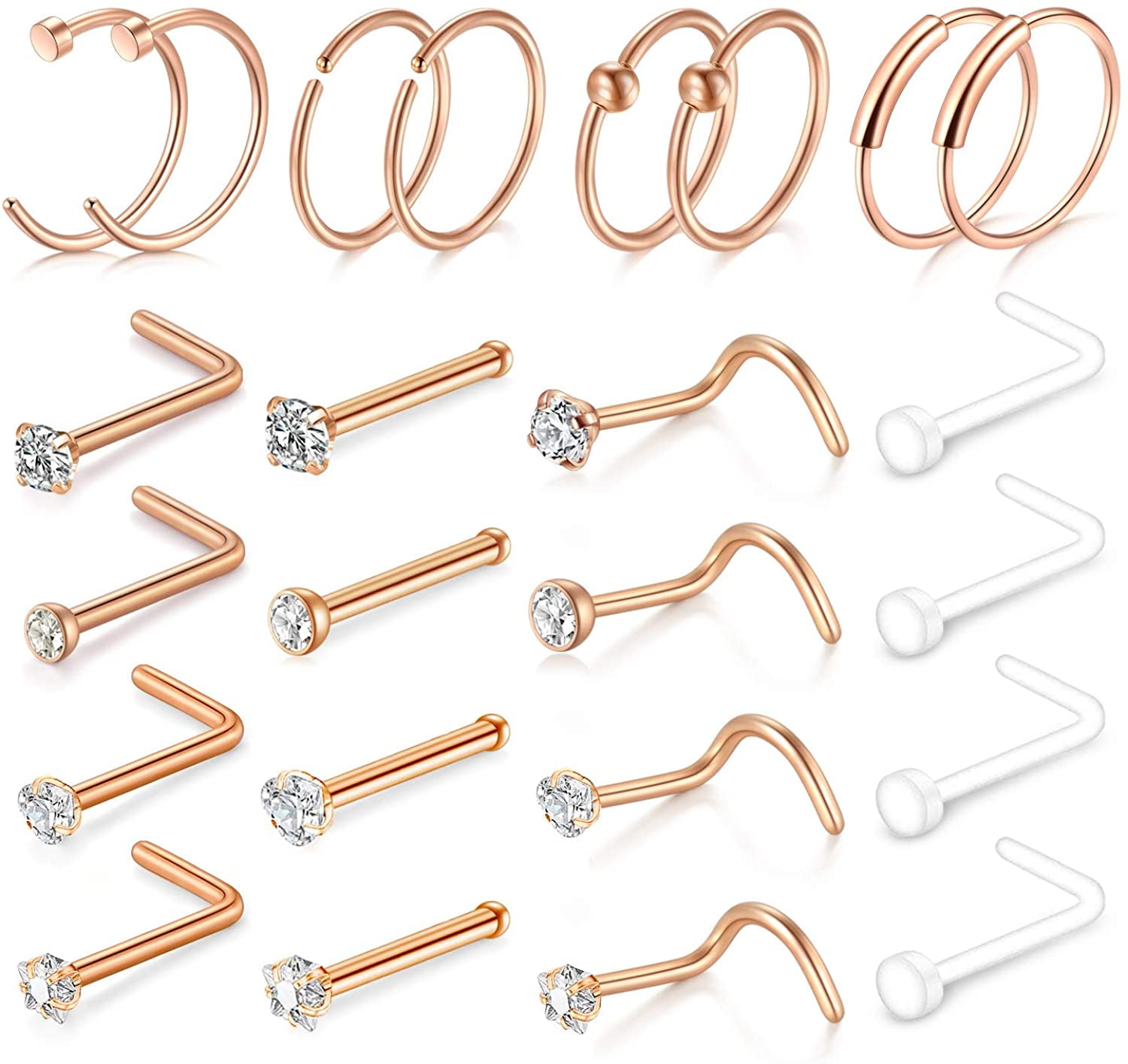 32 PCS 20G Nose Rings for Women Nose Rings Hoops Nose Studs Screw Nose ...