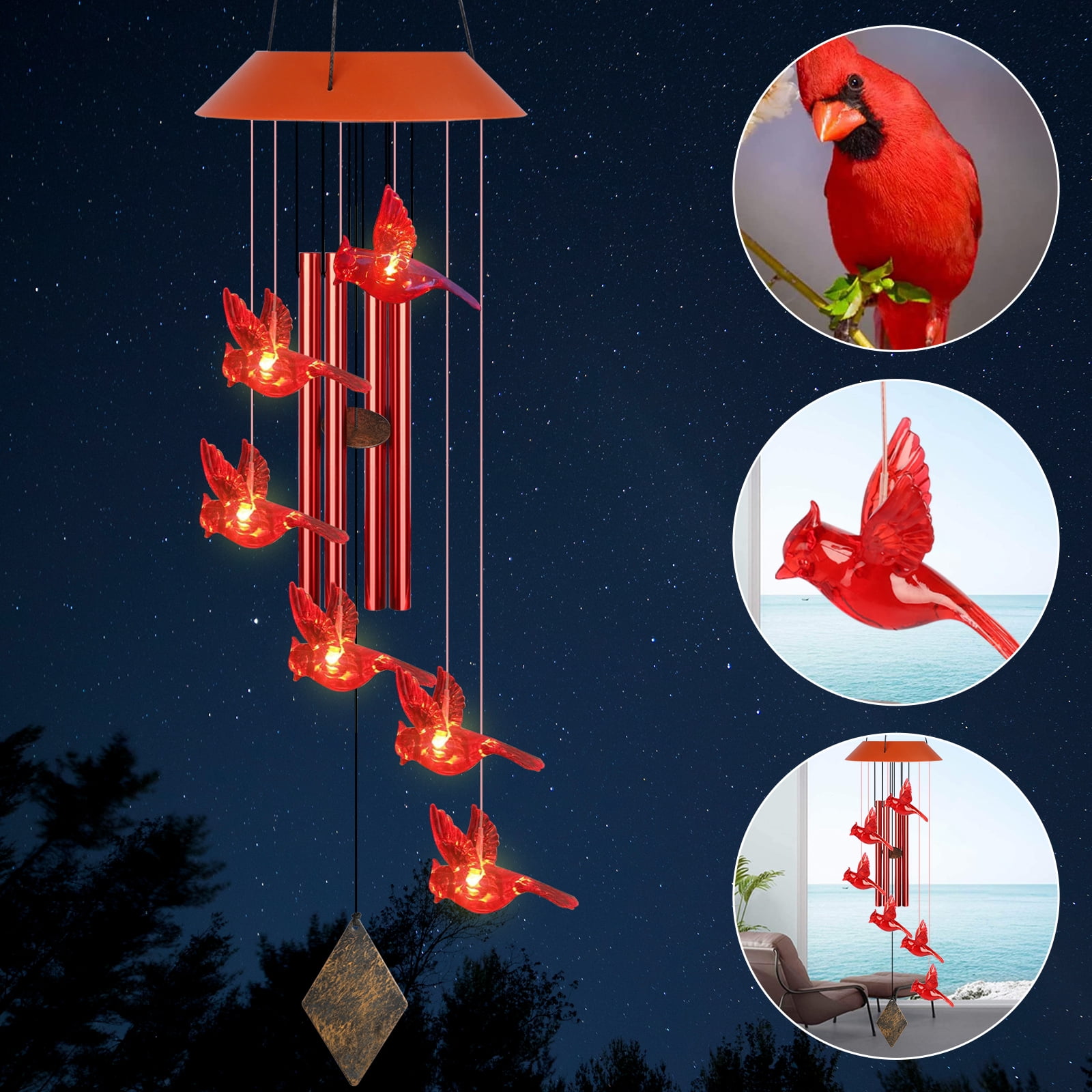 Cardinal Bird Solar Wind Chimes, TSV LED Red Tubes Wind Bell Light with ...