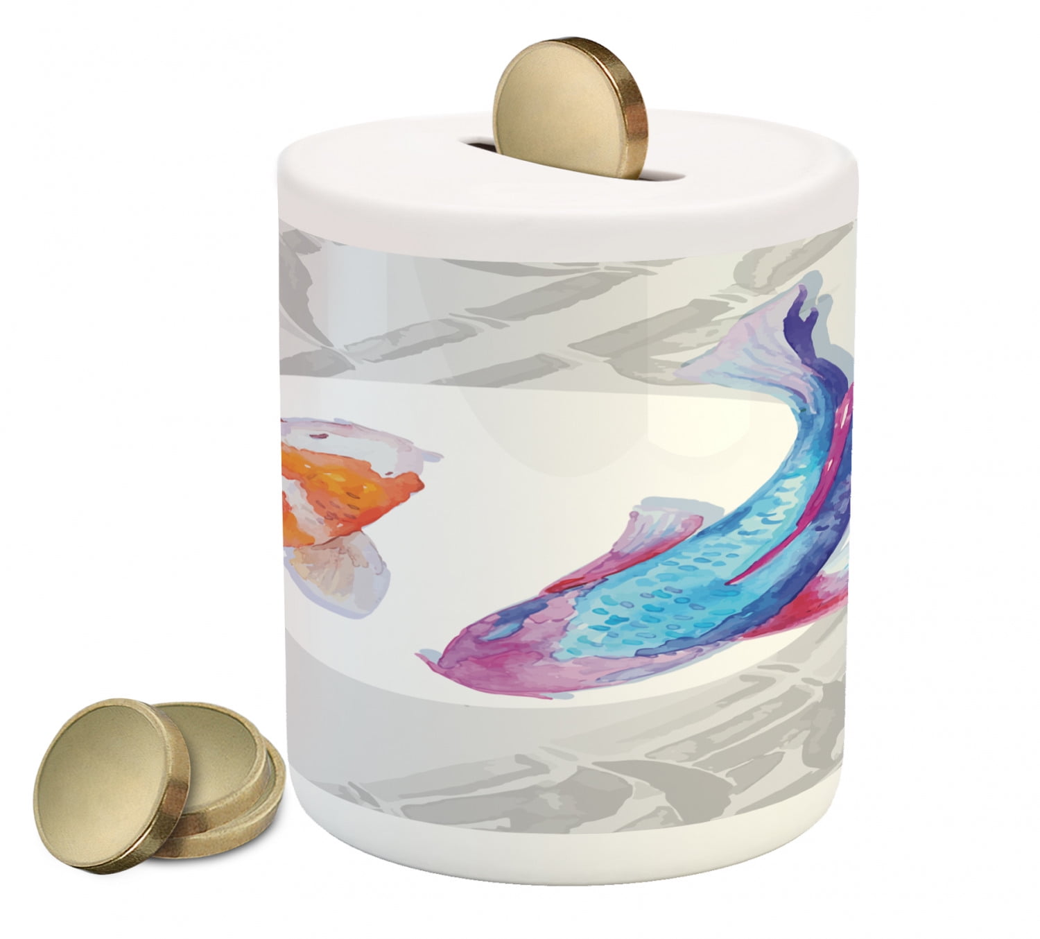 Koi Fish Piggy Bank, Watercolor Style Japanese Animals Couple Design ...