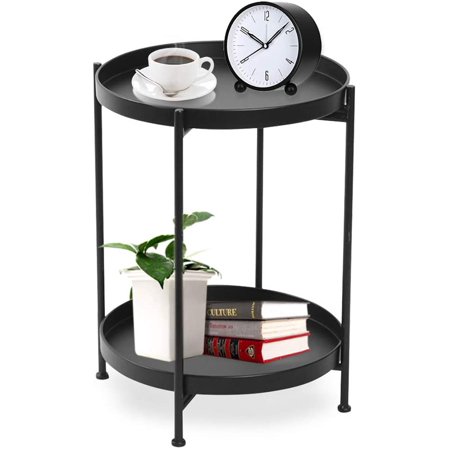 Black Round End Table， 2 Tier Metal Sofa Side Table with Removable Tray ...