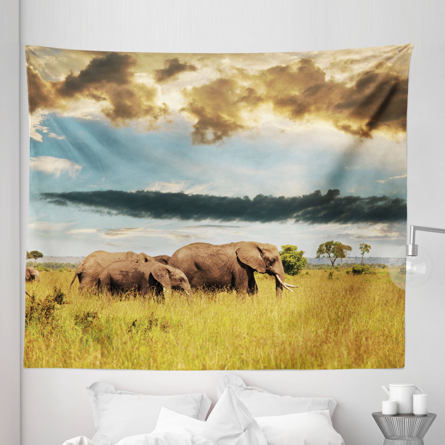 African Tapestry, Big Savannah Family with Dark Cloudy Dramatical Sky ...