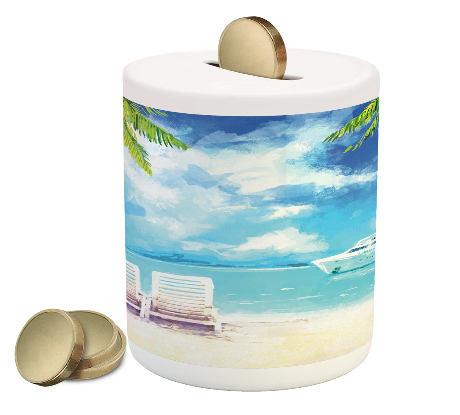 Vintage Boat Piggy Bank, Exotic Vacation with Palm Trees at Sandy Beach ...