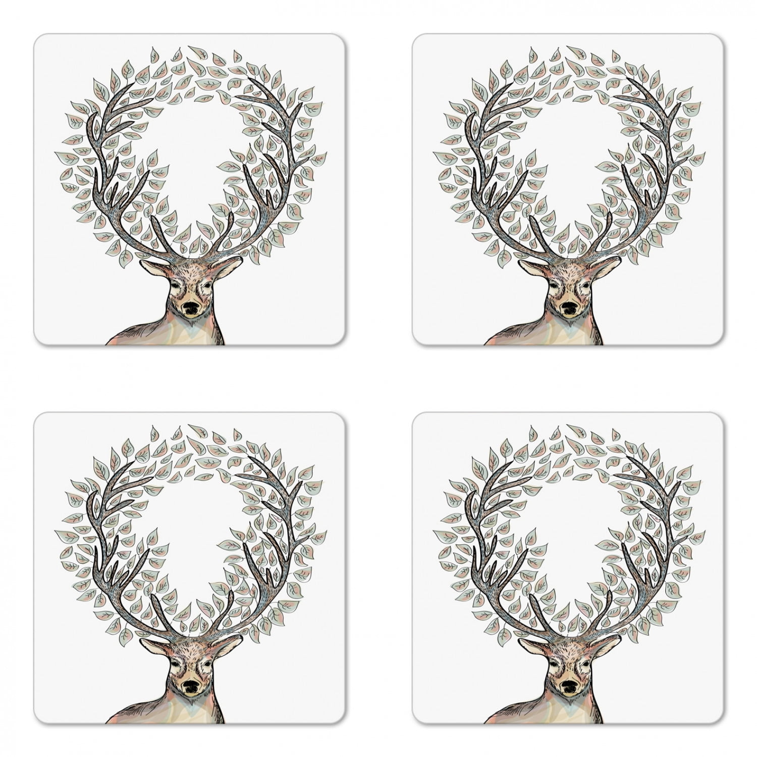 Deer Coaster Set of 4, Hipster Reindeer with Floral Horns Mythical ...