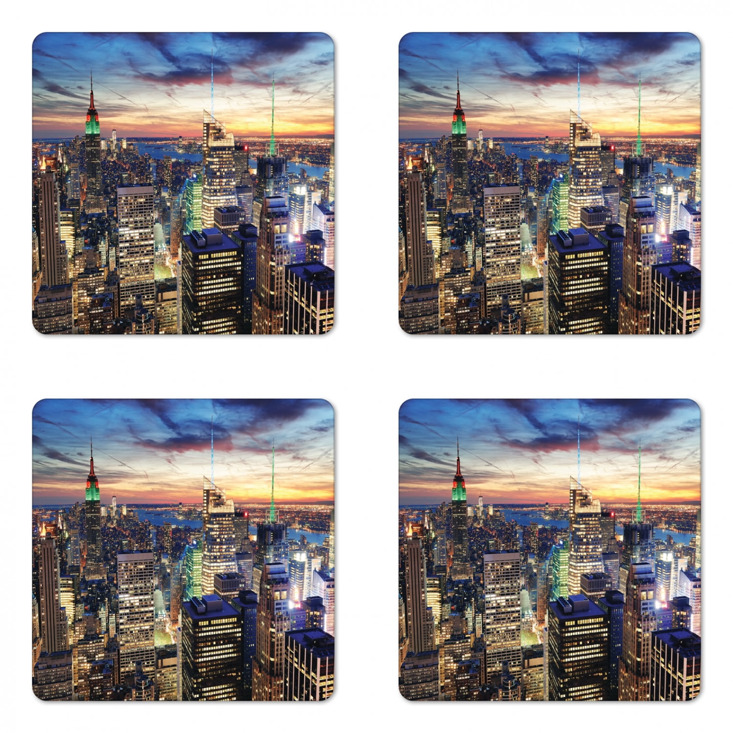 New York Coaster Set of 4, Skyline of NYC Urban Skyscrapers at Sunset ...