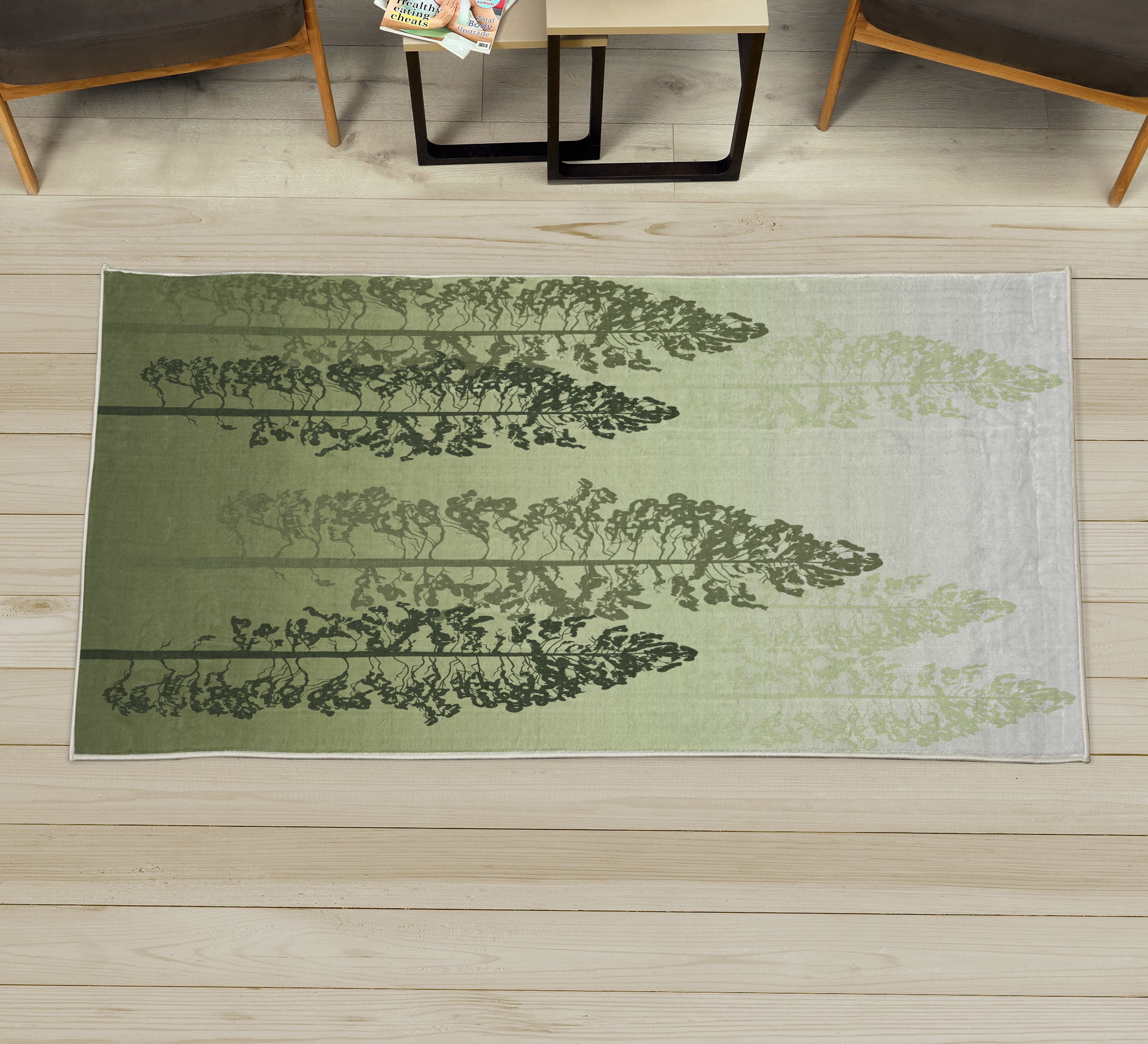 Country Decorative Rug, Pine Trees in the Forest on Foggy Seem Ombre ...