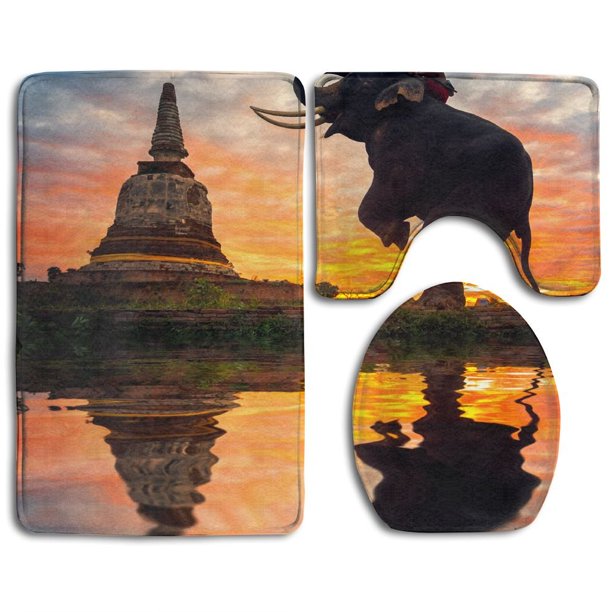 EREHome Elephants Stupa Ayutthaya Thail 3 Piece Bathroom Rugs Set Bath ...