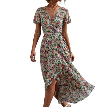 Julycc Women Boho Floral Print Long Maxi Wrap Dress Summer Beach ...