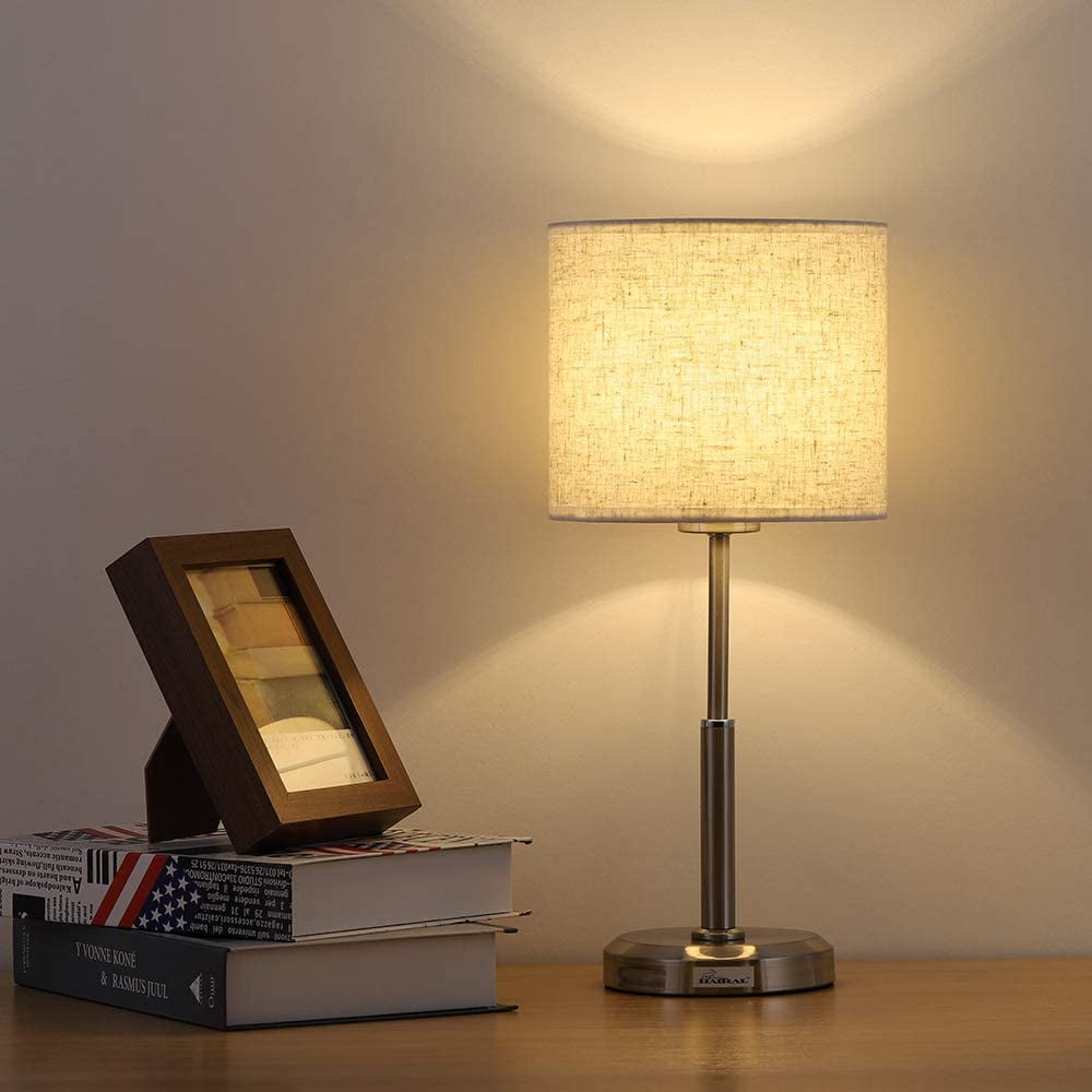 Small Table Lamp Brushed Steel Bedside Lamp With Linen Fabric Shade