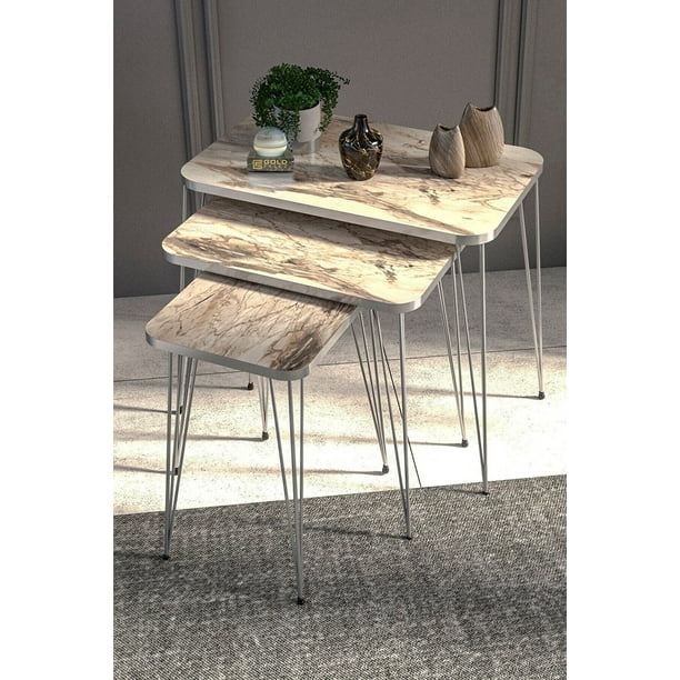 White Marble Nesting Coffee Table with 3-Rod Metal Legs,Rectangular Set ...
