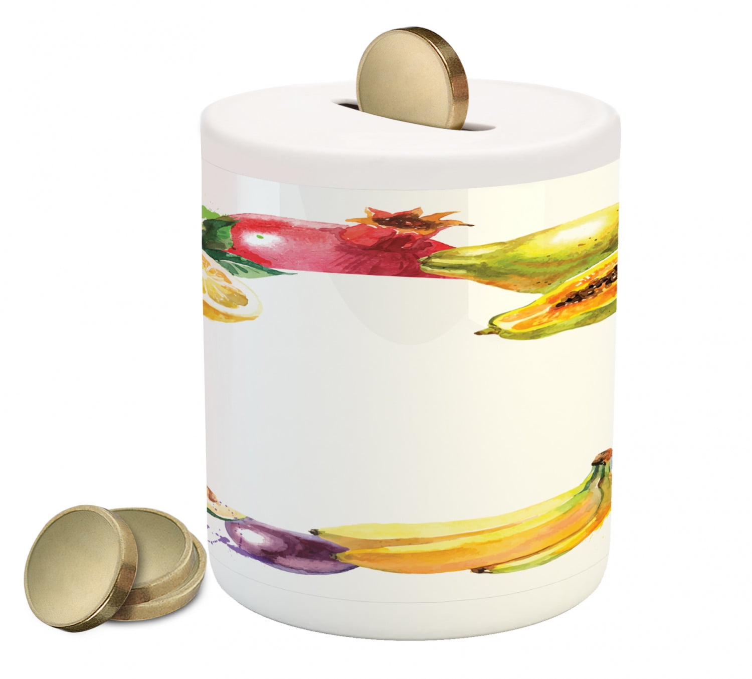 Fruit Piggy Bank, Nature Food with Banana Lemon Avocado Orange Coconut ...