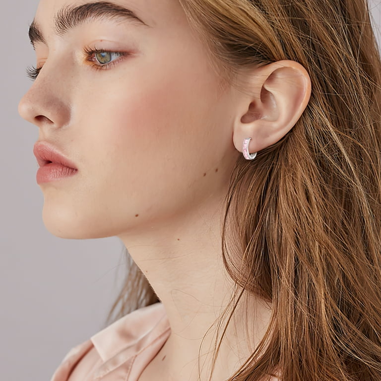 Linawe Silver Hoop Earrings for Women Trendy Pink Cubic Zirconia Moissanite Earrings Studs Flat Back Helix Pride Cute Small Huggie Earrings