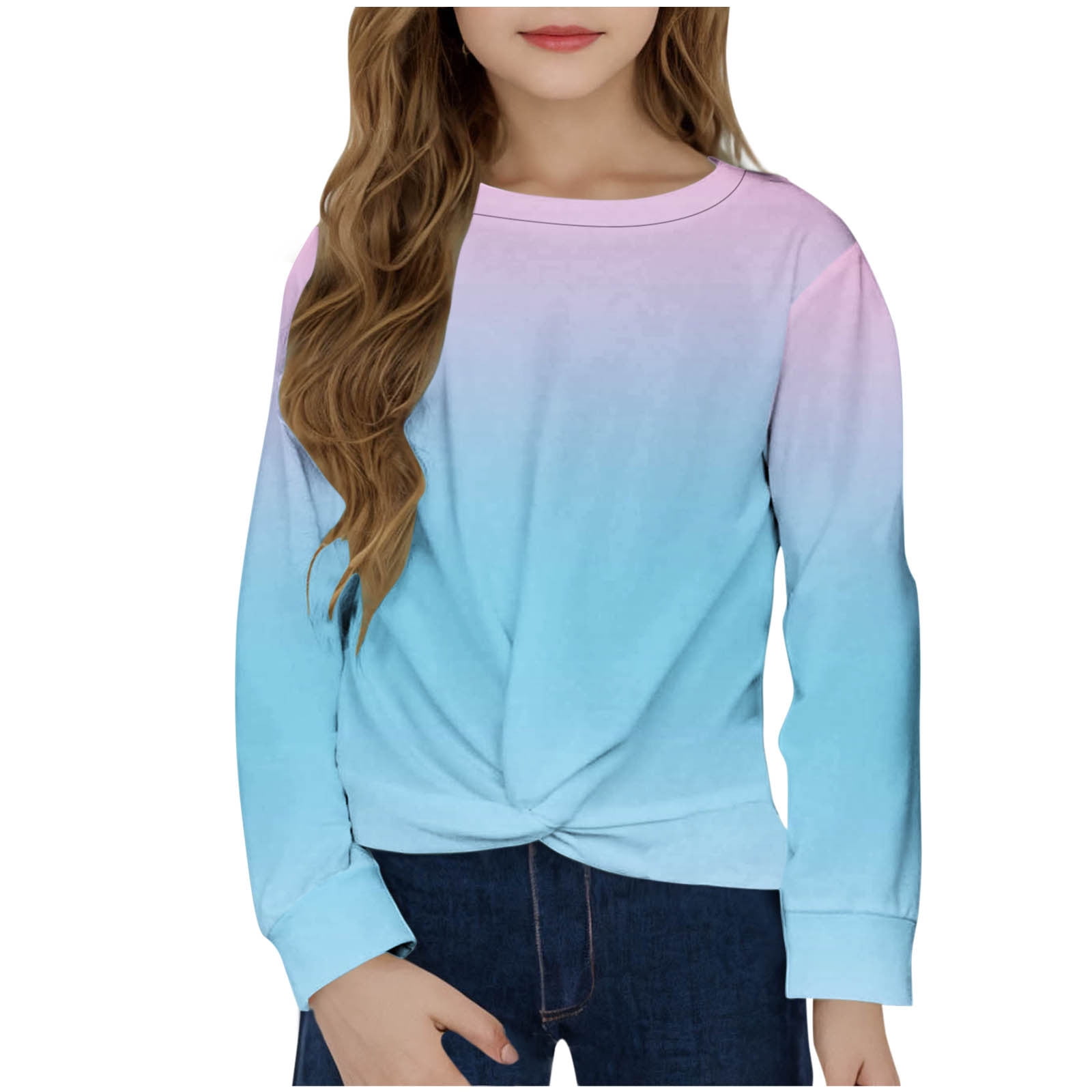 Plebaso Girls Twist Front Long Sleeve Sweatshirt Boys Print Crewneck Casual Lightweight Pullover Kids Tops