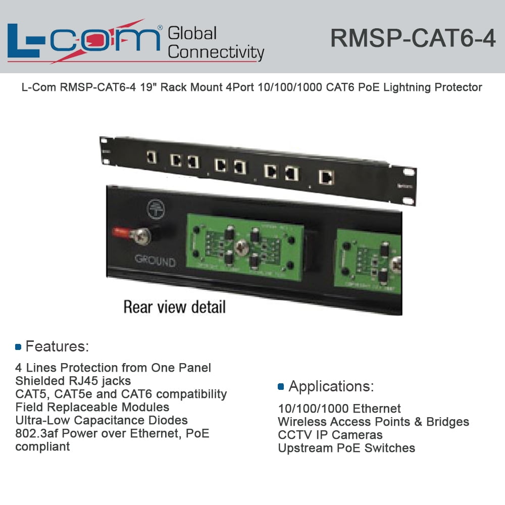 L-Com RMSP-CAT6-4 19 inch Rack Mount 4-Port RJ45 Gigabit CAT6 PoE Surge ...