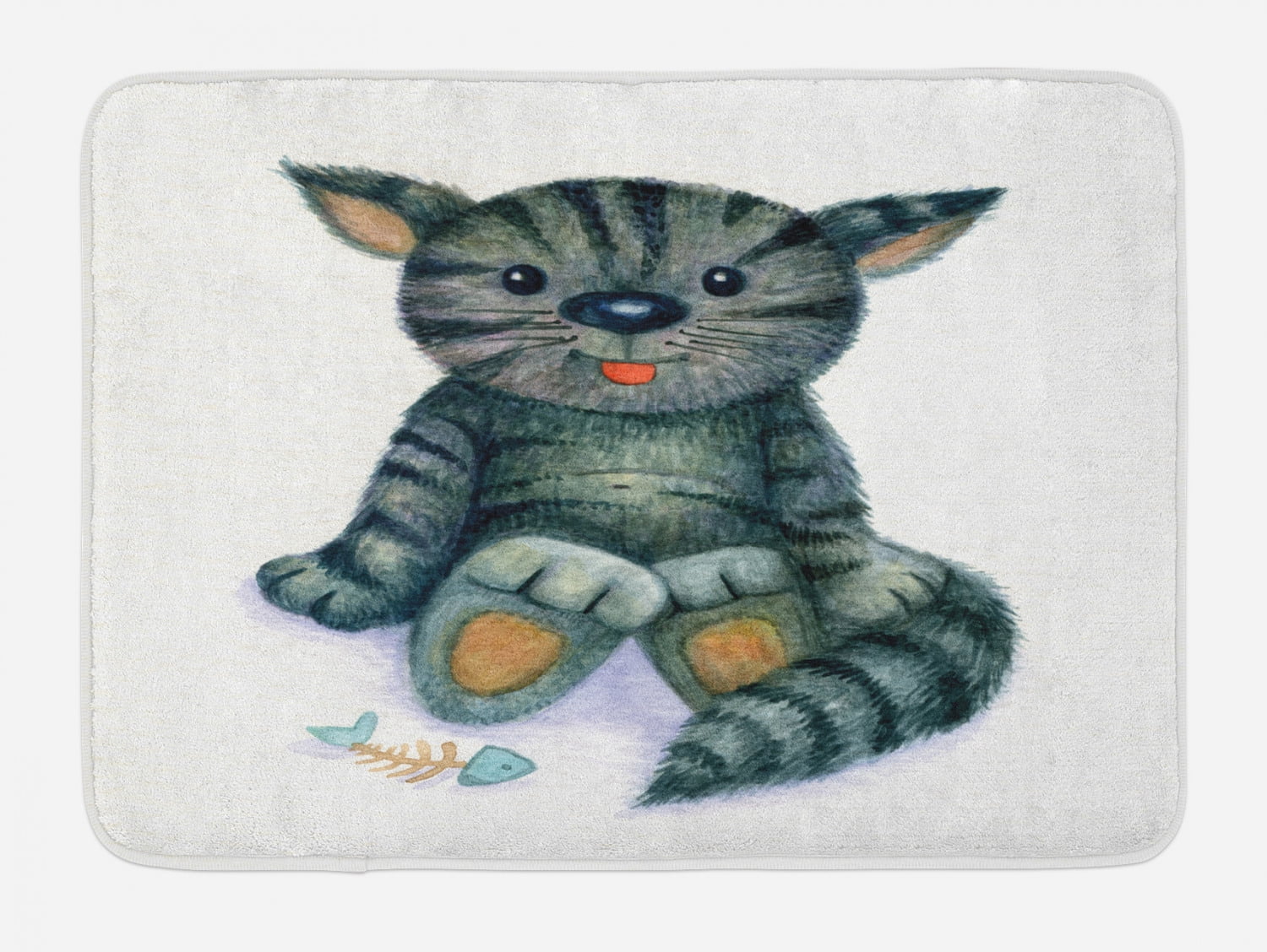 Cat Bath Mat, Happy Teddy Cat Illustration with a Dead Fish Skeleton ...