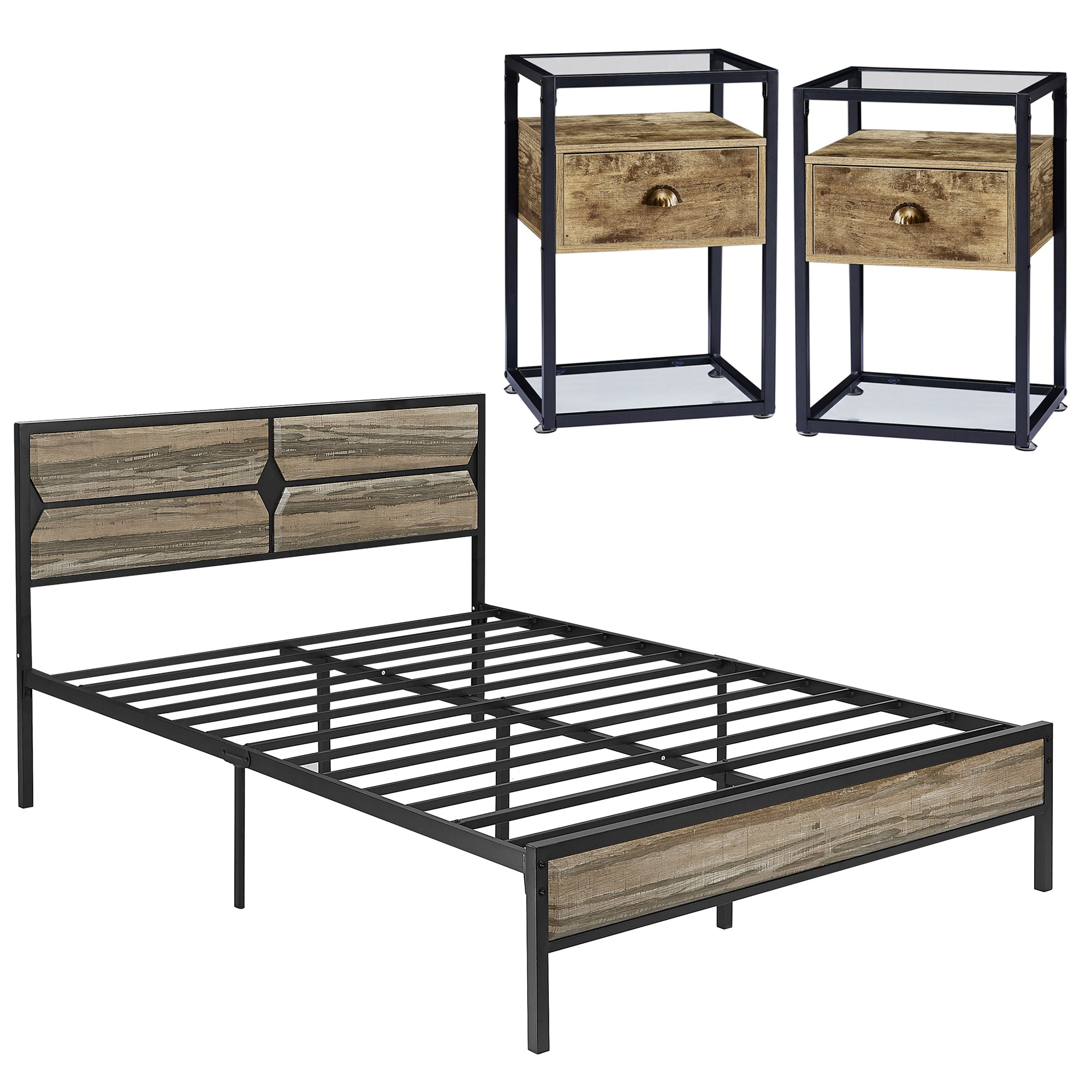 VECELO 3-Piece Bedroom Set Queen Platform Bed Frame and Glass Top ...
