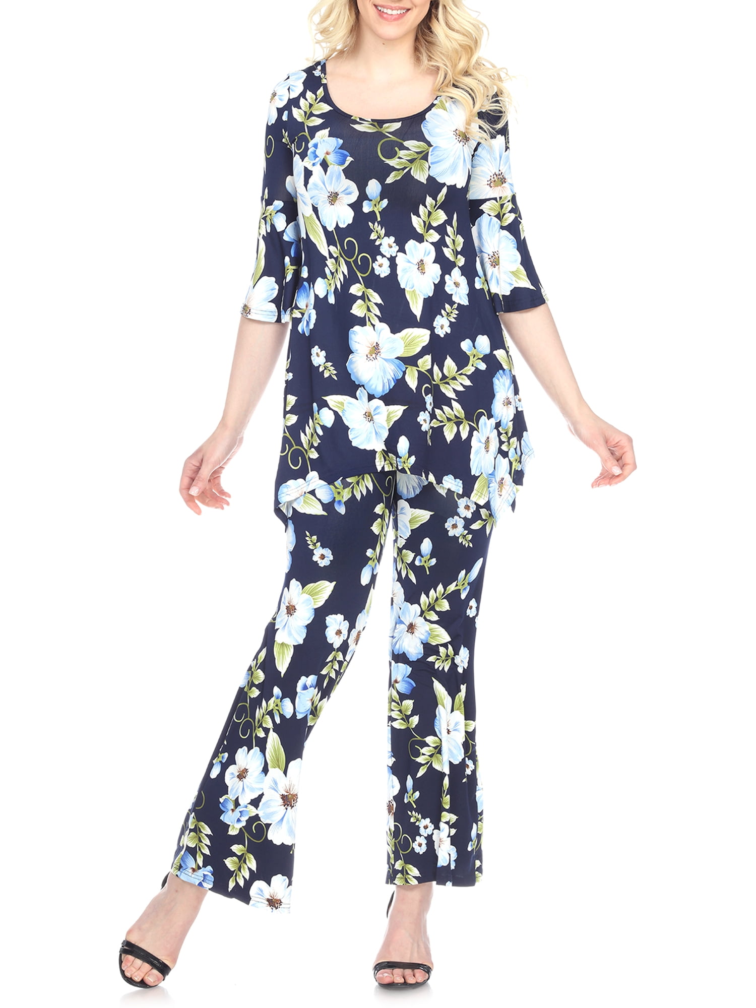 White Mark Women's Floral Bell Sleeve Tunic and Palazzo Pant Set ...