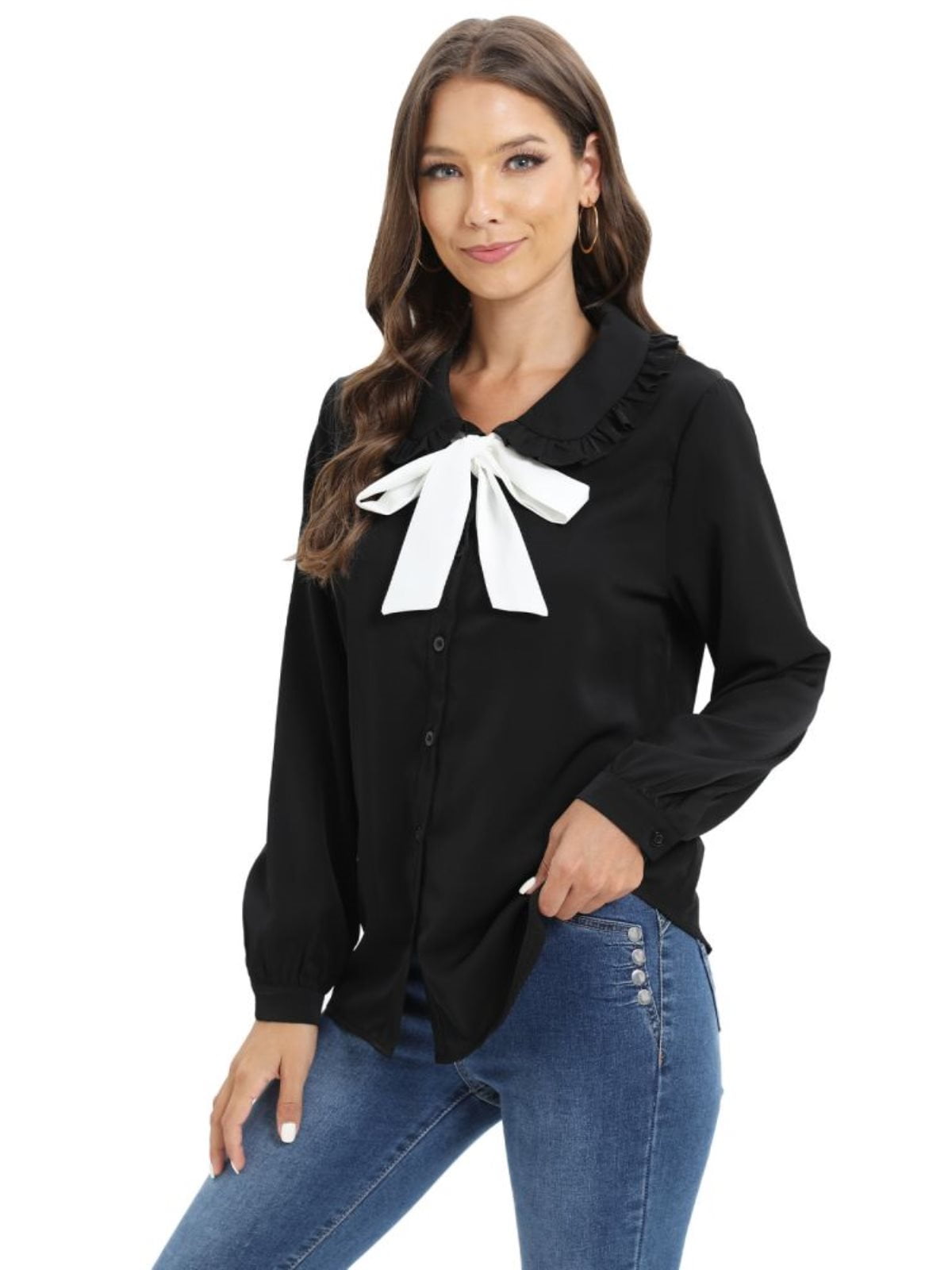 EFINNY Womens Button Down Shirts Chiffon Bow Tie Top Long Sleeve Casual ...