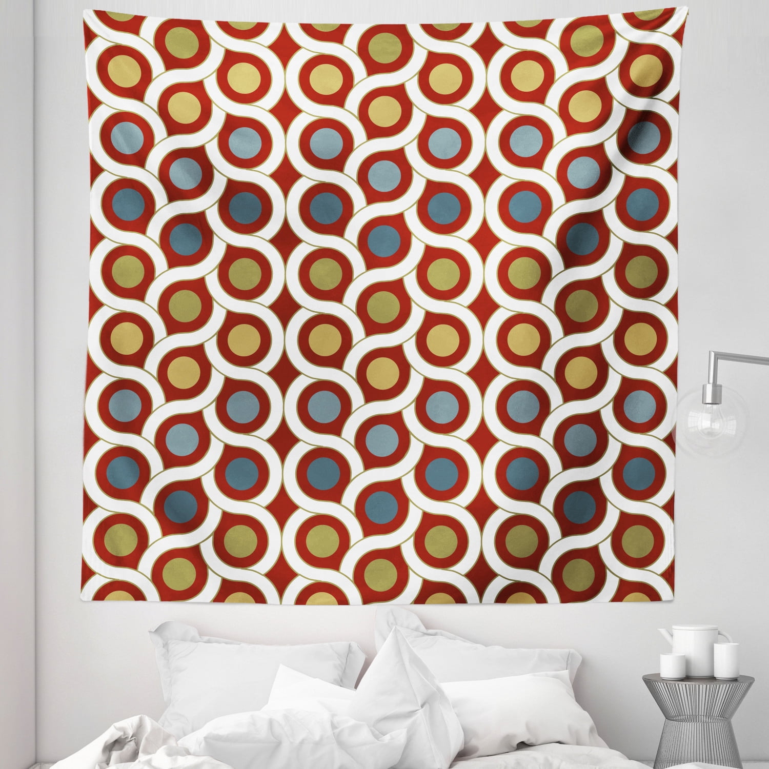Abstract Tapestry, Dots Circles Entangled Lines Curvy Wavy Retro Style ...