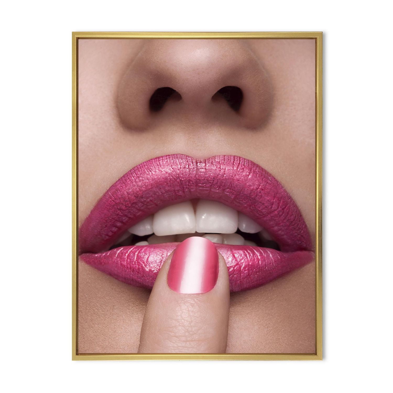 Click here for Designart Pink Woman Lips With Finger On Mouth Flo... prices