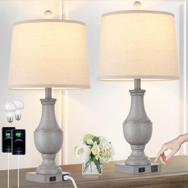 Cinkeda Farmhouse Table Lamp Set of 2 with USB A+C Port AC Outlet for ...