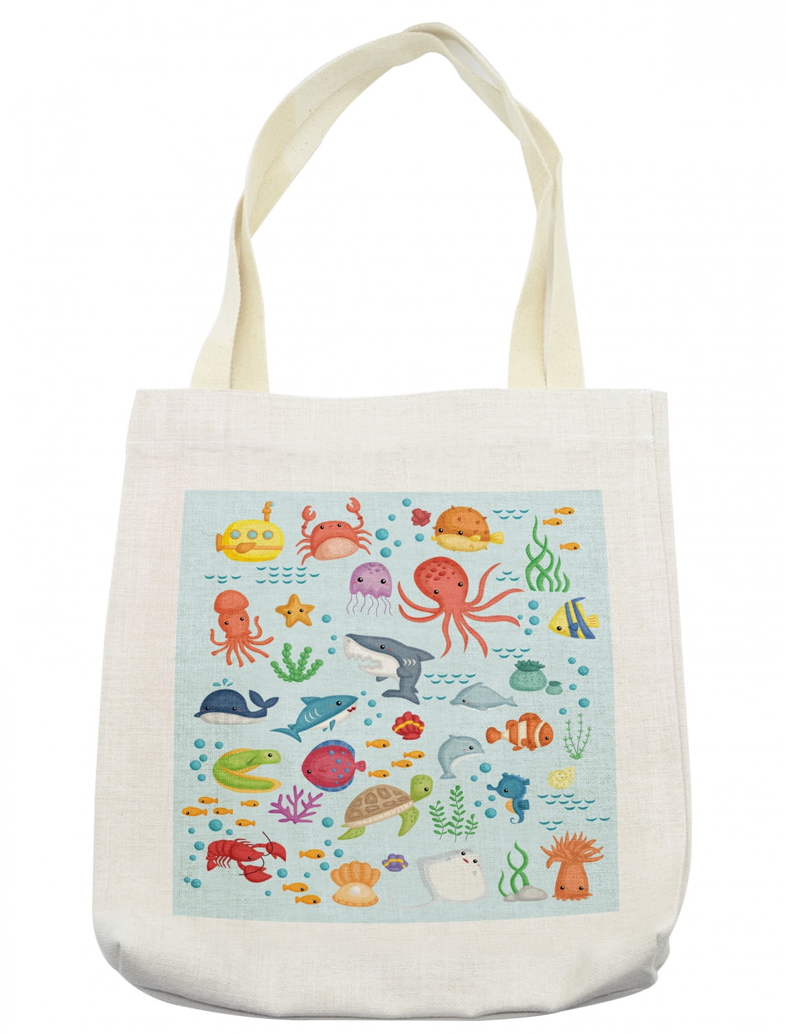 Marine Tote Bag, Bunch of Sea Animals Submarine Crabs Squid Lobster ...